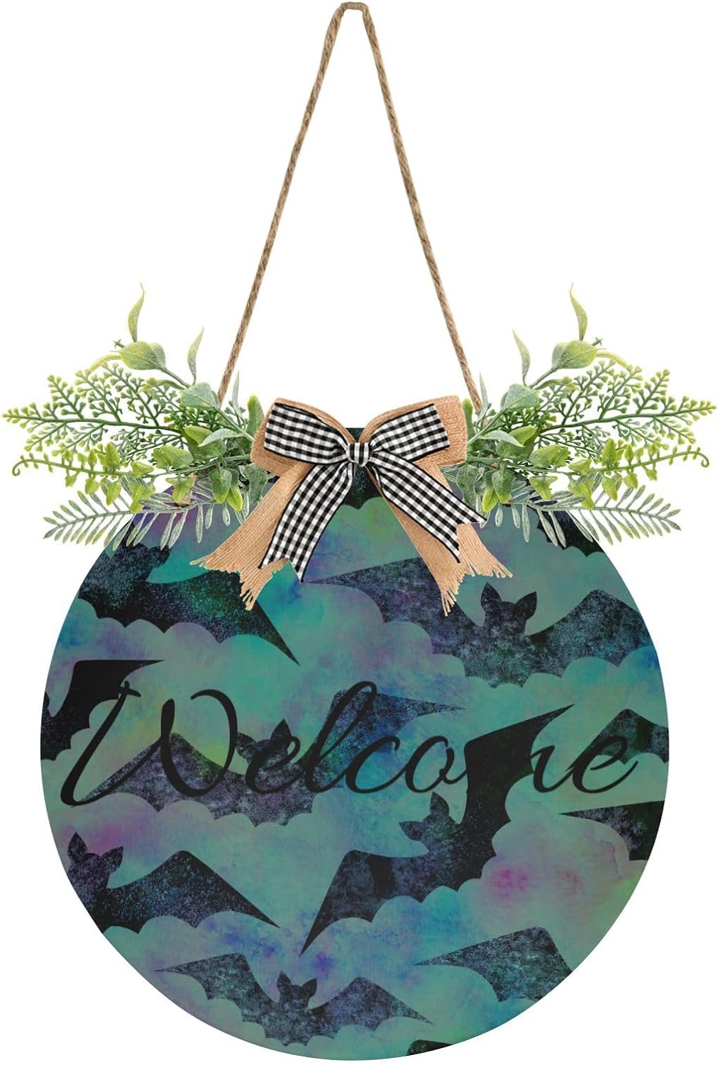 Halloween Bat Welcome Sign Front Door Round Wall Door Sign with Flowers ...