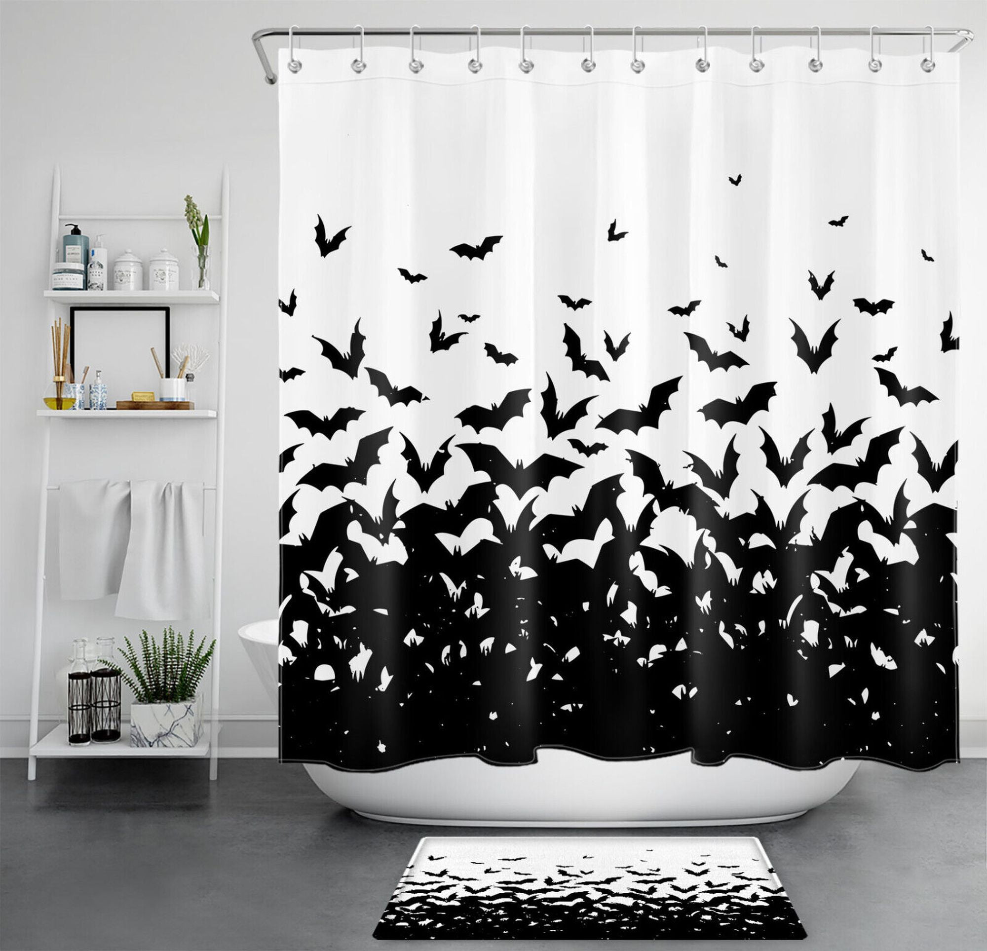 Halloween Bathroom Set Black And White Spooky Ghosts And Bats Shower