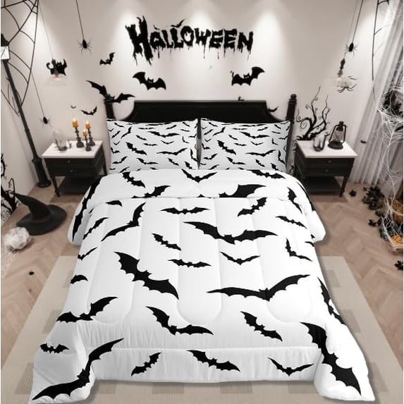 Halloween Bats Bedding Set White Black Spooky Comforter Set Full,Horror ...