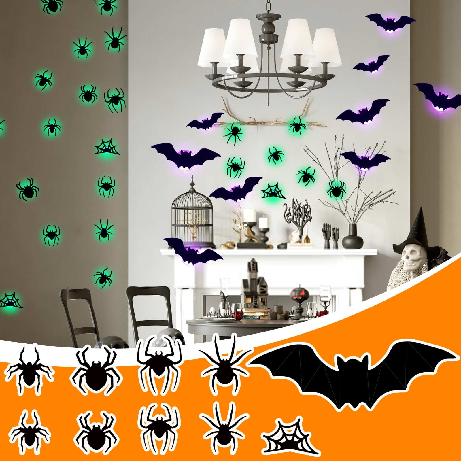 Halloween Bats Spider Wall Decor – Lighted 3D Bat and Spiders Stickers ...