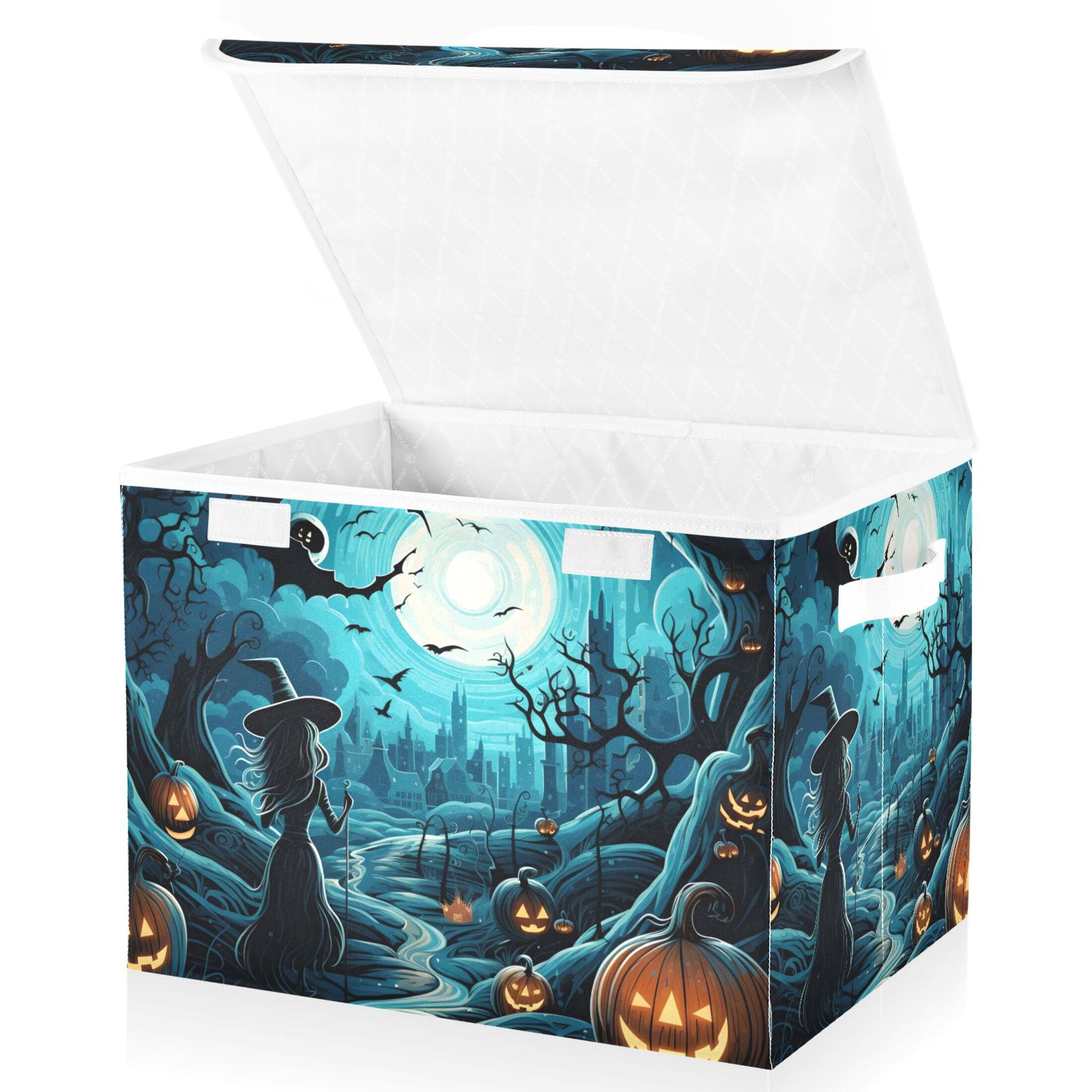 Halloween Bats and Pumpkins Blue Large Lidded Bin Foldable Storage ...