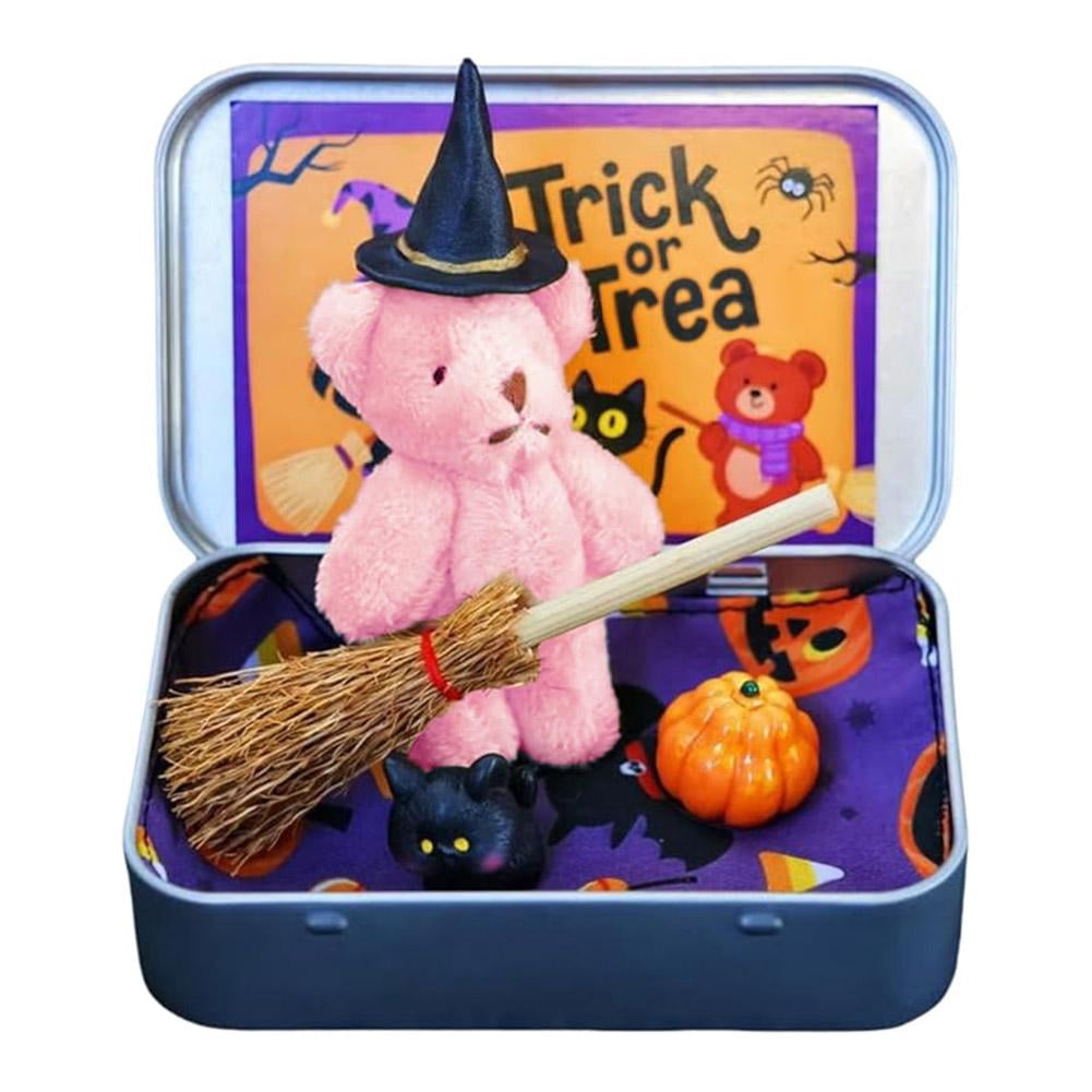 Halloween Bear in a Box,Mini Plush Witch Bear with Broom,Pumpkin & Cat ...