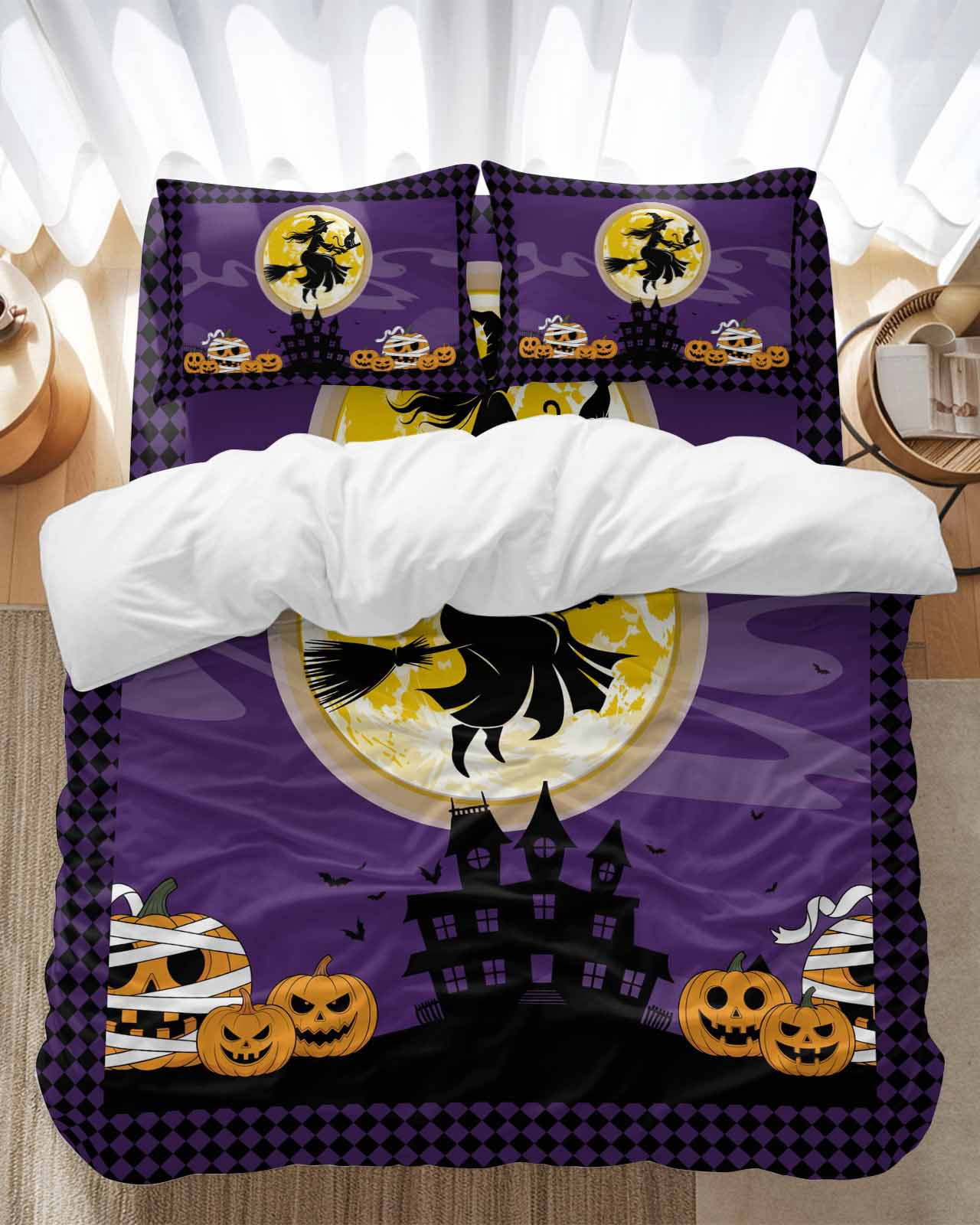 Halloween Bedding Duvet Cover Set Queen Size 4 Pieces Witch Cat Castle ...