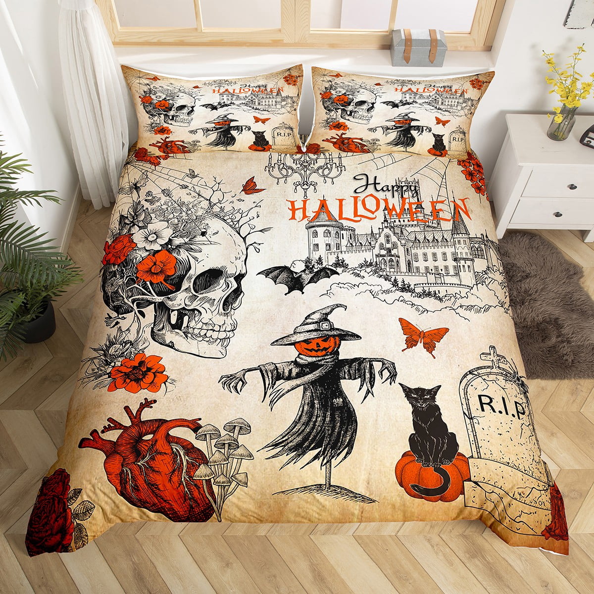 Halloween Bedding Set Skeleton Skulls Black Cat Decor Duvet Cover ...