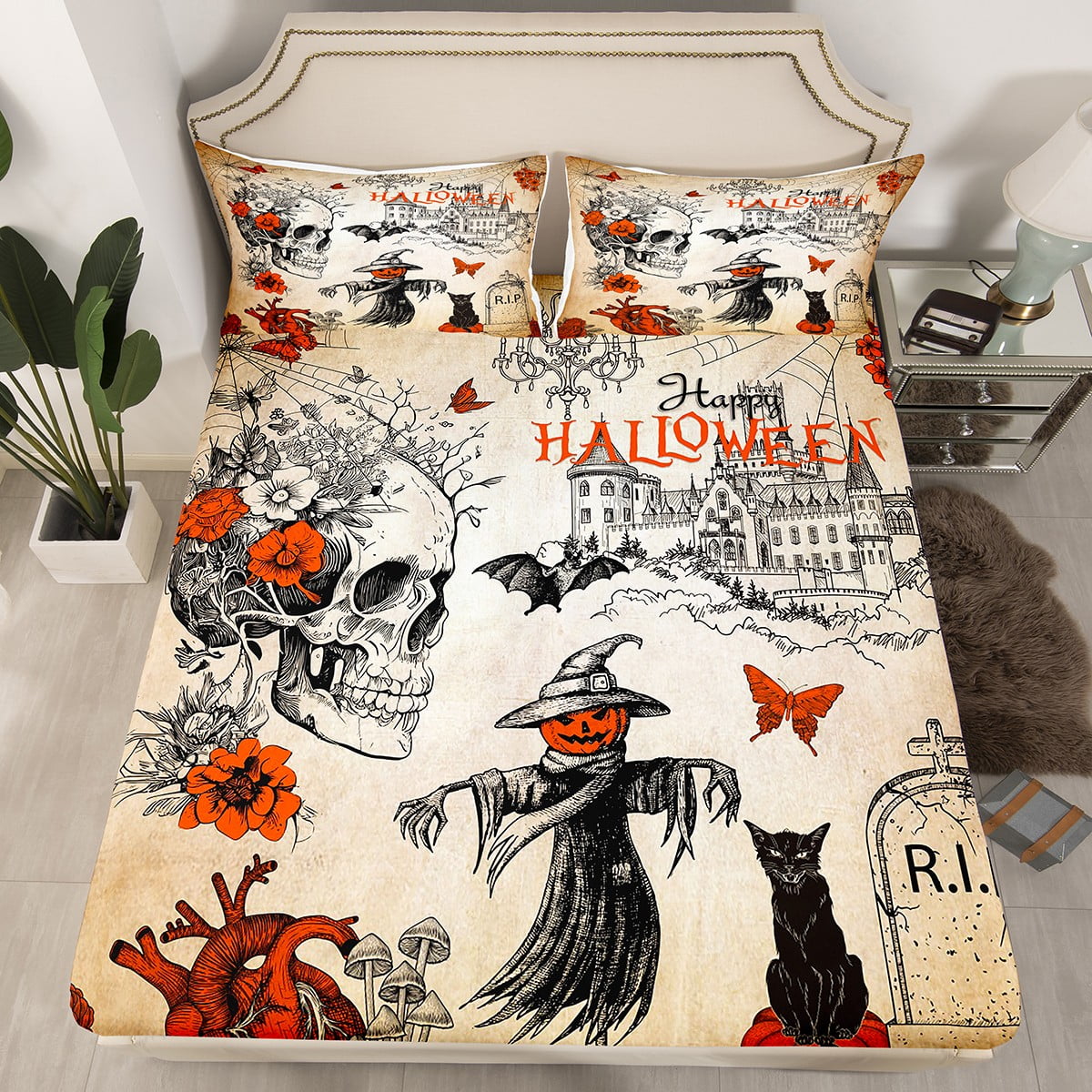 Halloween Bedding Set Skeleton Skulls Black Cat Decor Fitted Sheet ...