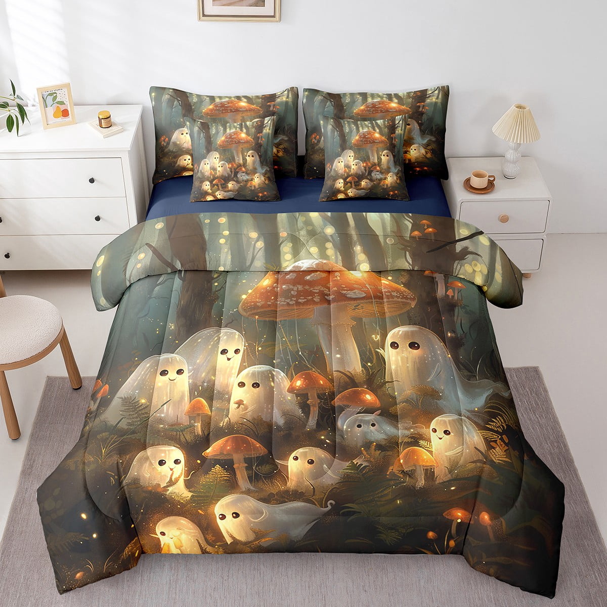 Halloween Bedding Set Twin Size White Ghost 7 Pcs Bed in a Bag for Boys ...