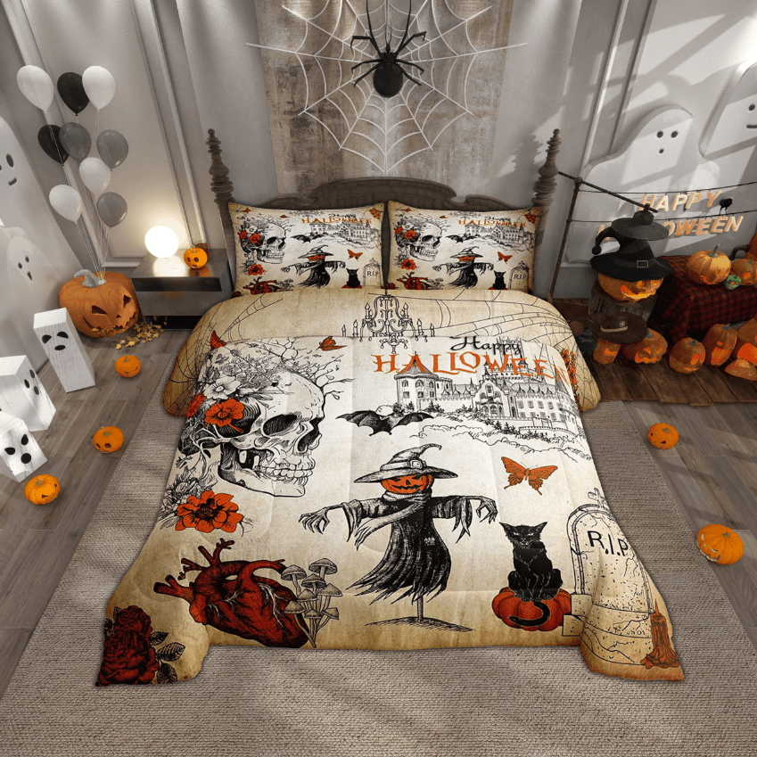 Halloween Bedding Skeleton Skulls Black Cat Decor Bedding Comforter ...