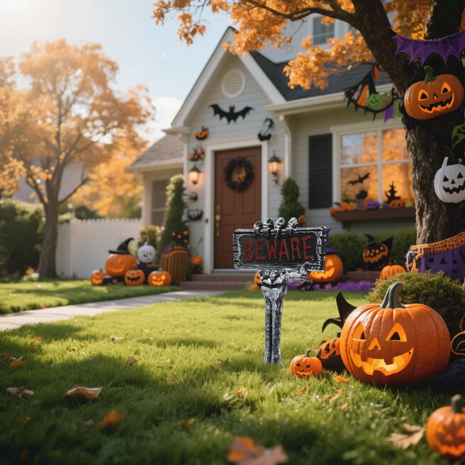Halloween Beware Yard Signpost – Spooky Skeleton Hand Stake, Durable ...