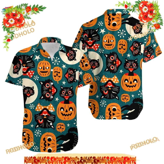 Halloween Black Cat And Pumpkin 3D Funny Hawaiian Shirt - Walmart.com
