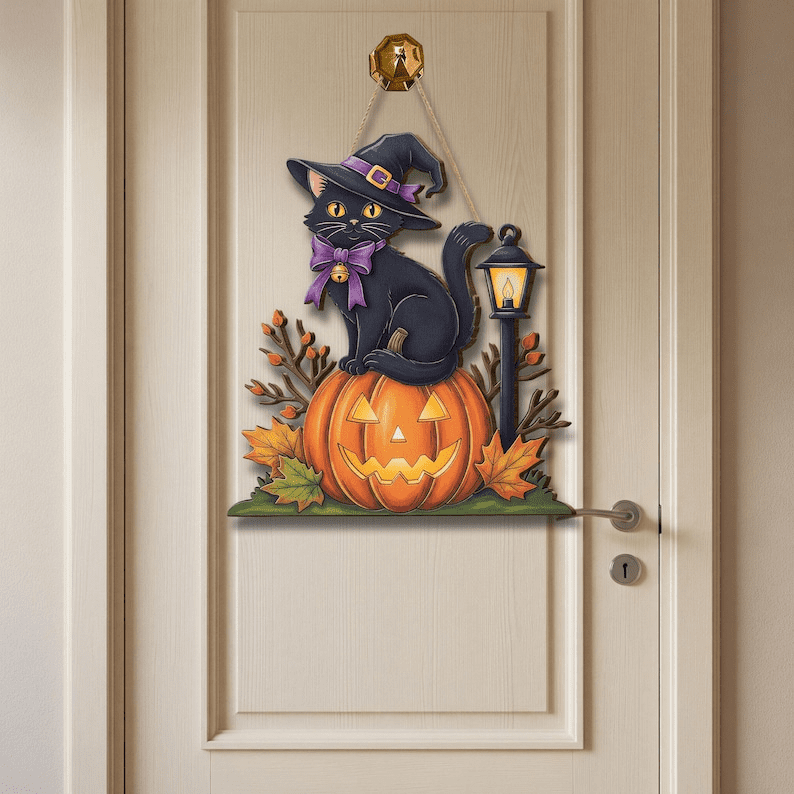 Halloween Black Cat Door Hanger, Cute Witch Cat & Pumpkin Fall Porch ...