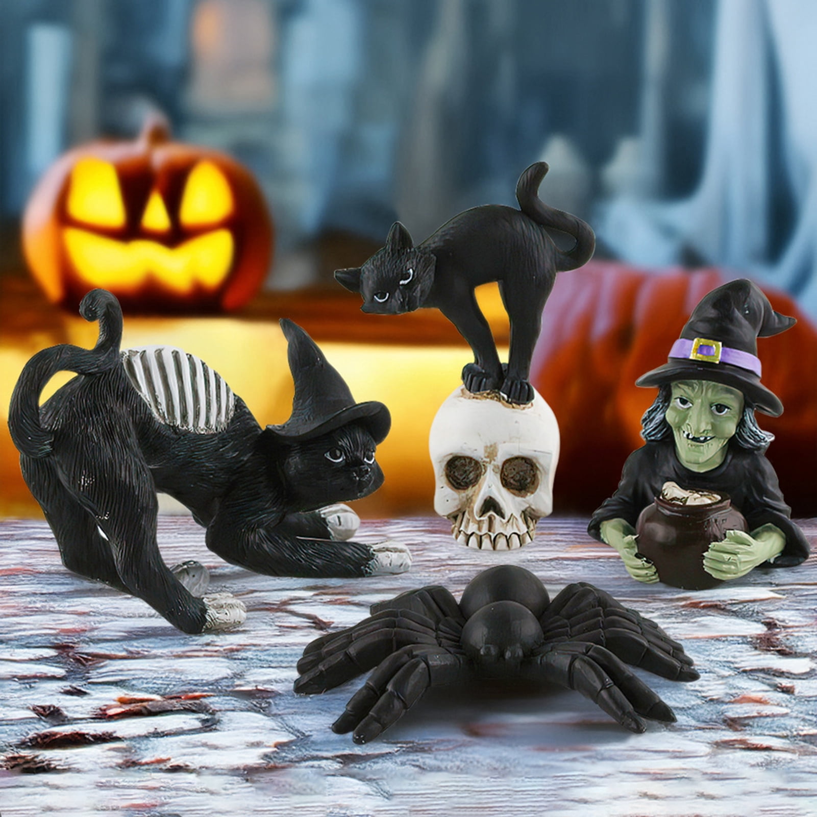 Halloween Black Cat Figurine Spooky Witch Statue Resin Spider Animal ...