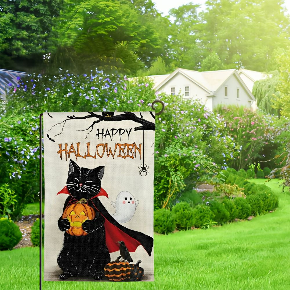 Halloween Black Cat Garden Flag , Burlap Small Welcome Halloween Spooky ...