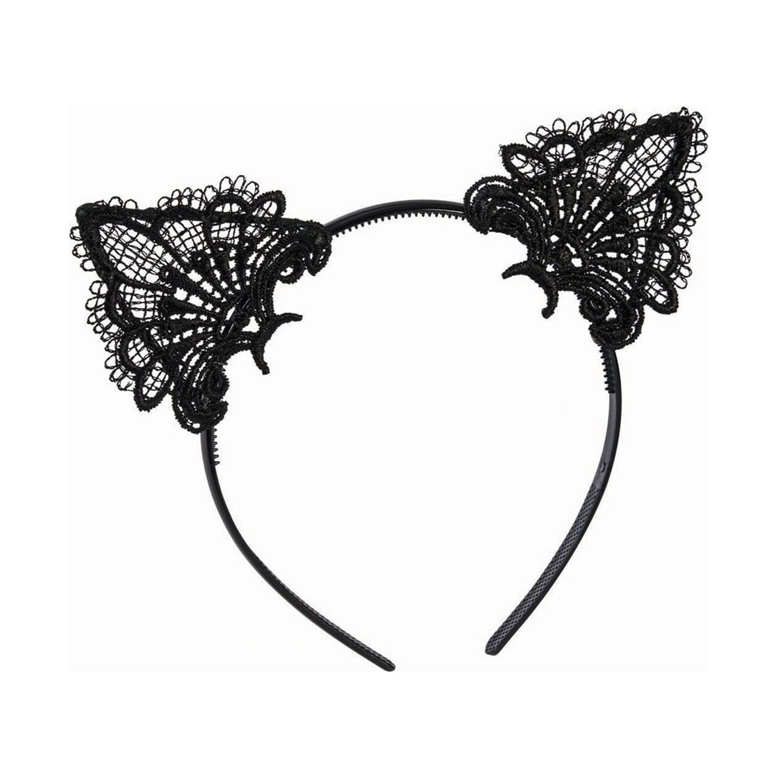 Halloween Black Cat Headband with Lace Ears - Walmart.com