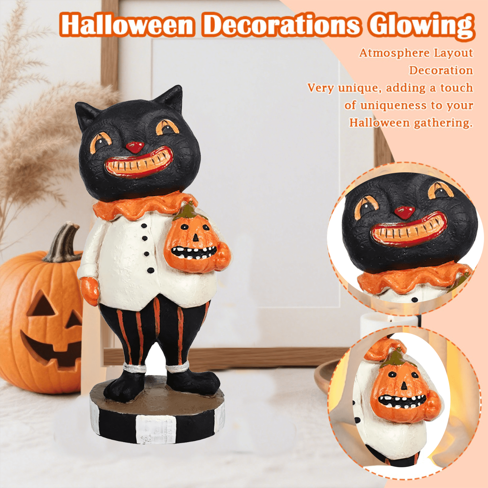 Halloween Black Cat Holding Jack-O'-Lantern Figurine – Hand-Painted ...