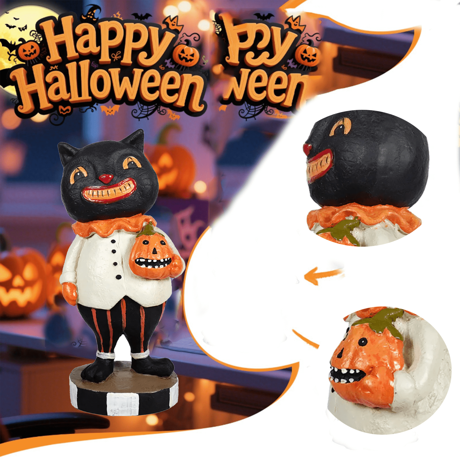 Halloween Black Cat Holding Jack-O'-Lantern Original Figure 10.5 In ...