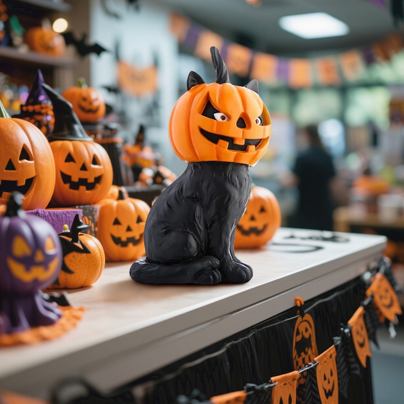 Halloween Black Cat with Pumpkin Head Statue, Spooky Jack O Lantern Cat ...