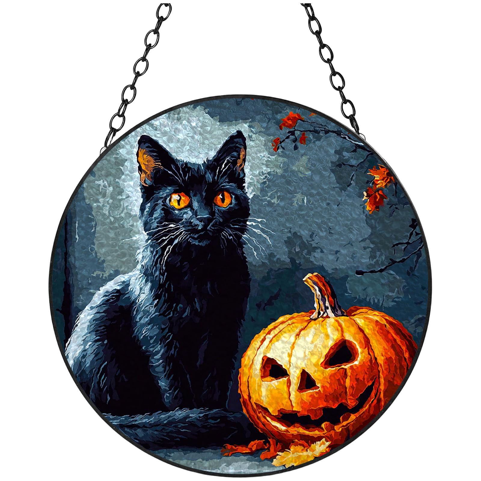 Halloween Black Cat and Pumpkin Stained Glass Suncatcher Handmade ...