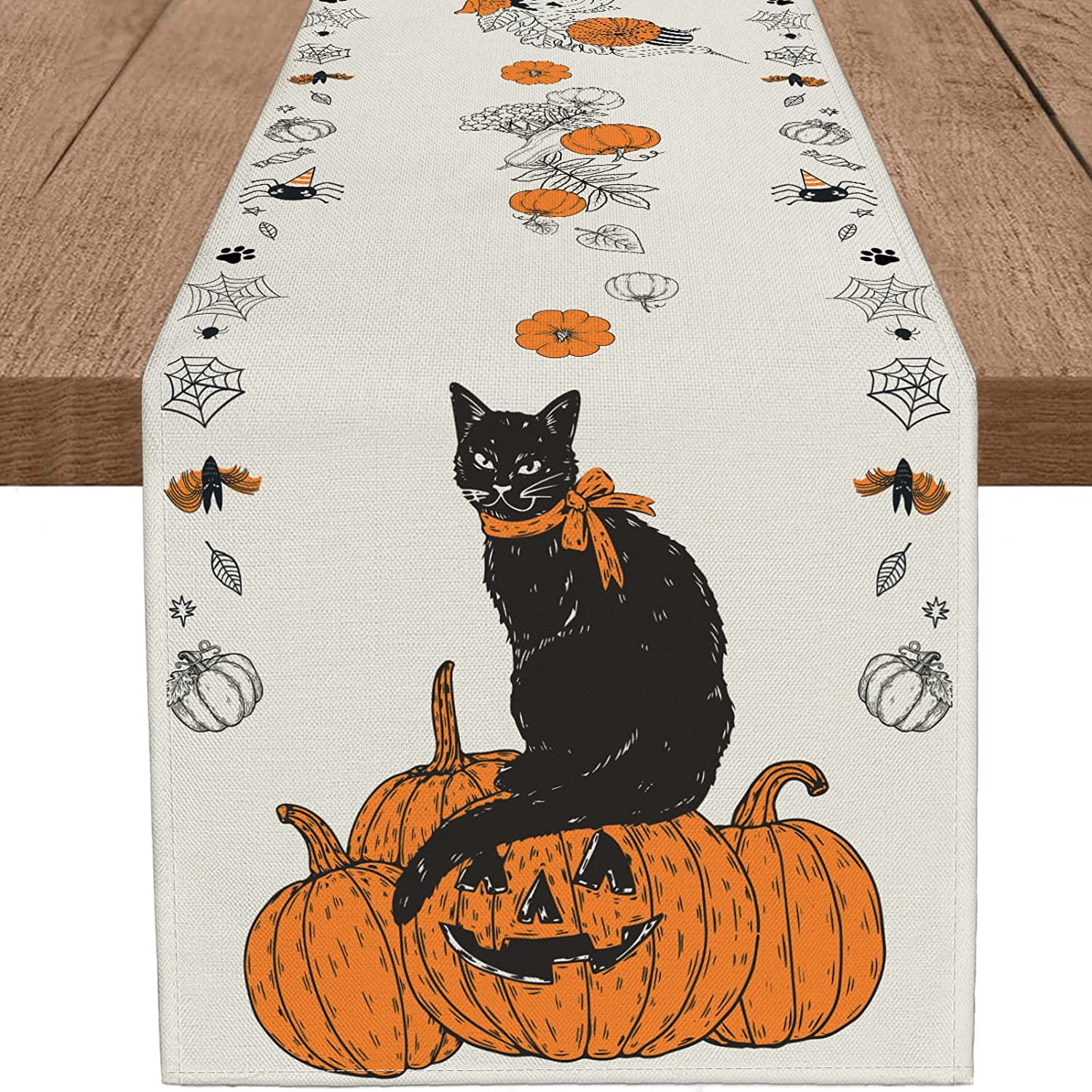 Halloween Black Cat Table Runner ， Fall Orange Pumpkin Burlap Autumn ...
