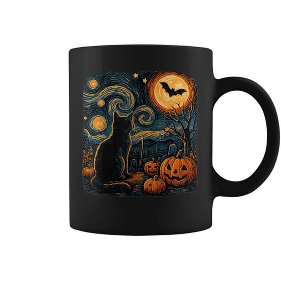Halloween Black Cat Van Gogh Starry Night Cat Lovers Cat Coffee Mugs ...