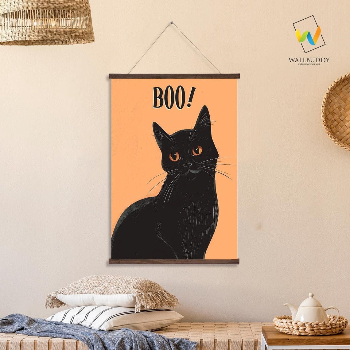 Halloween Black Cat Wall Hangingboo! Spooky Cat Art - Printed On ...
