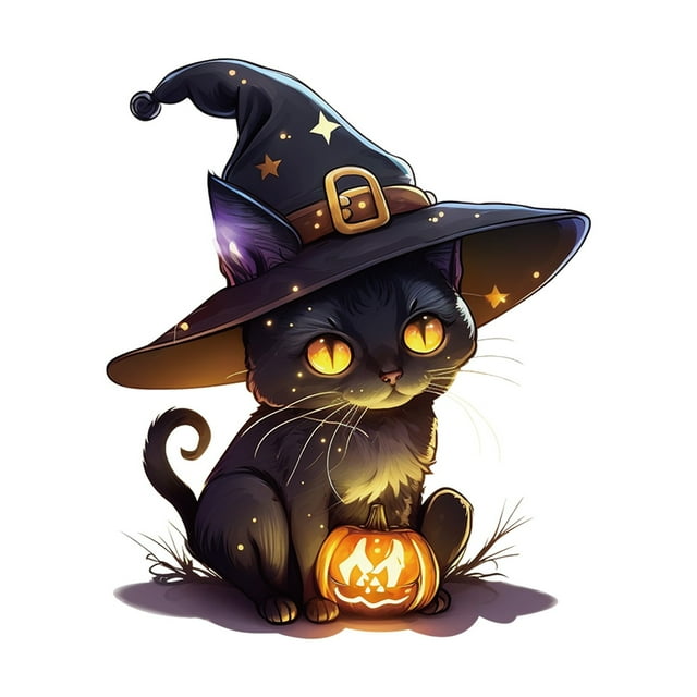 Halloween Black Cat Witch Hat Wall Decals Stickers Modern Wicca Wiccan ...