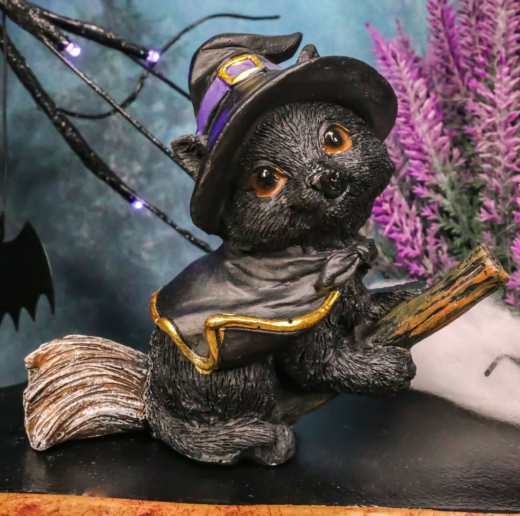 Halloween Black Cat with Witch Hat & Cape Flying On Magical Broomstick ...