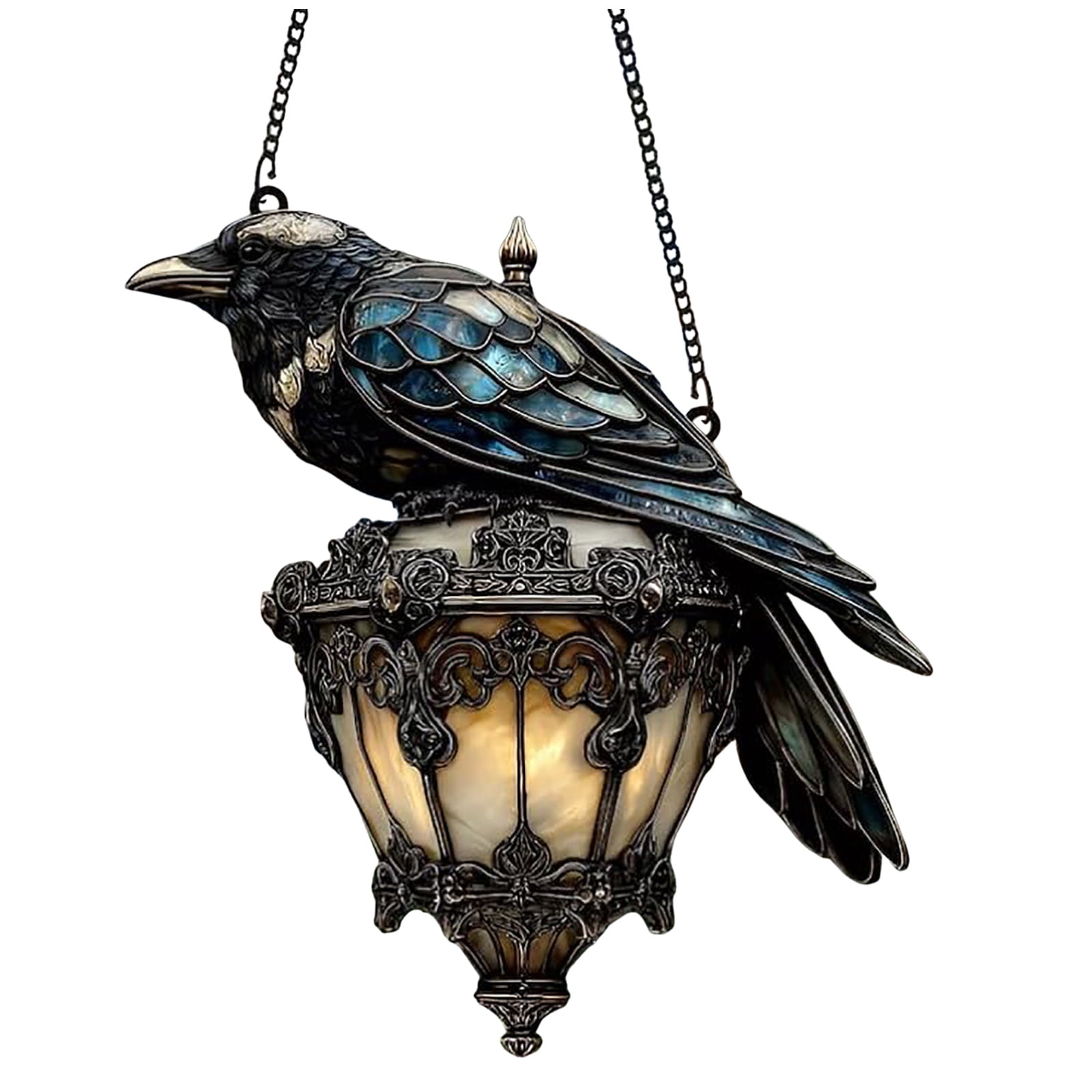 Halloween Black Crow Lantern Shade Stained Glass Witch Hat Hanging ...