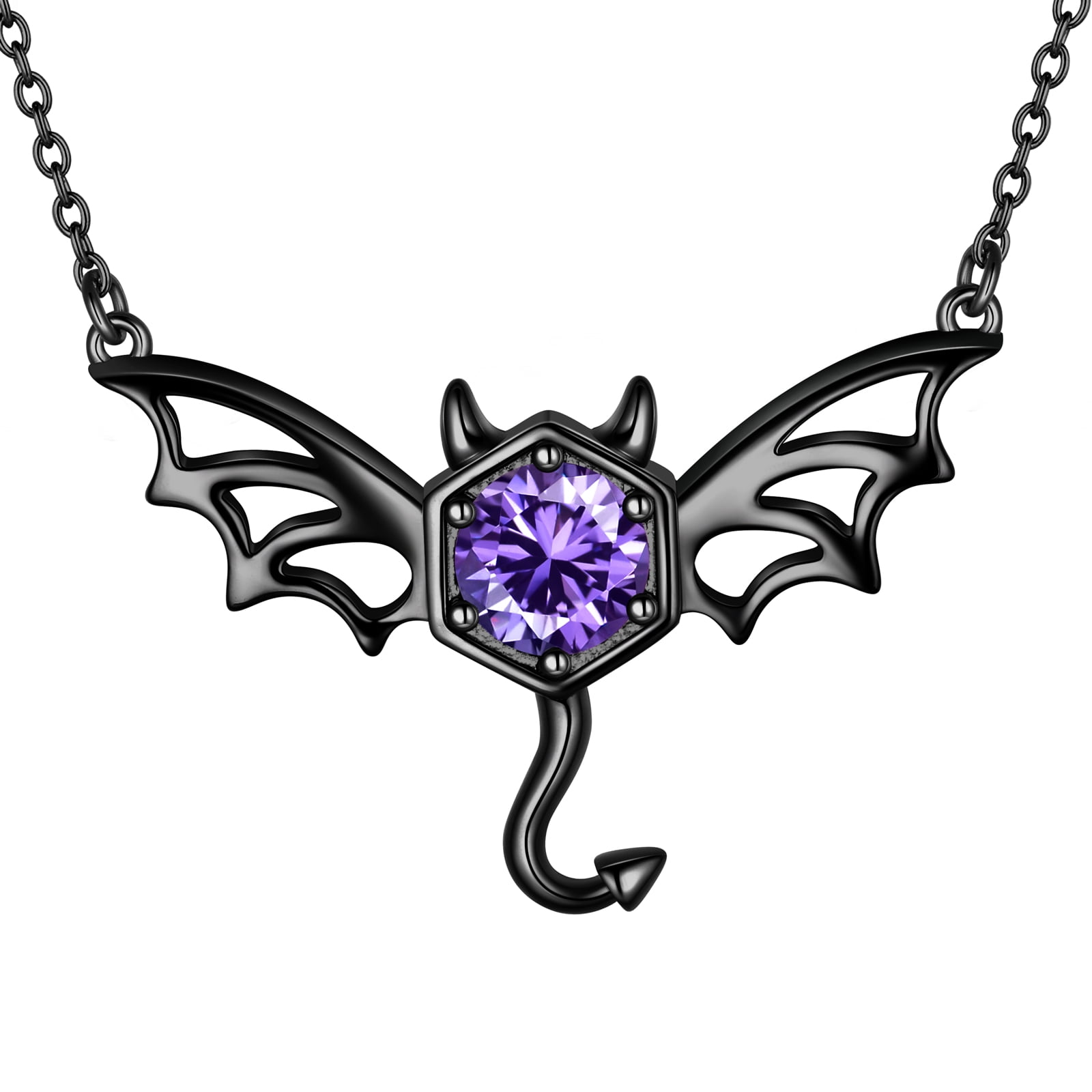 Halloween Black Flying Bat & Devil Necklace, Purple Zirconia Gothic ...