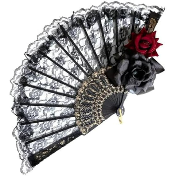 Halloween Black Lace Fan Rose Handheld Retro Spanish Large Folding Fan ...