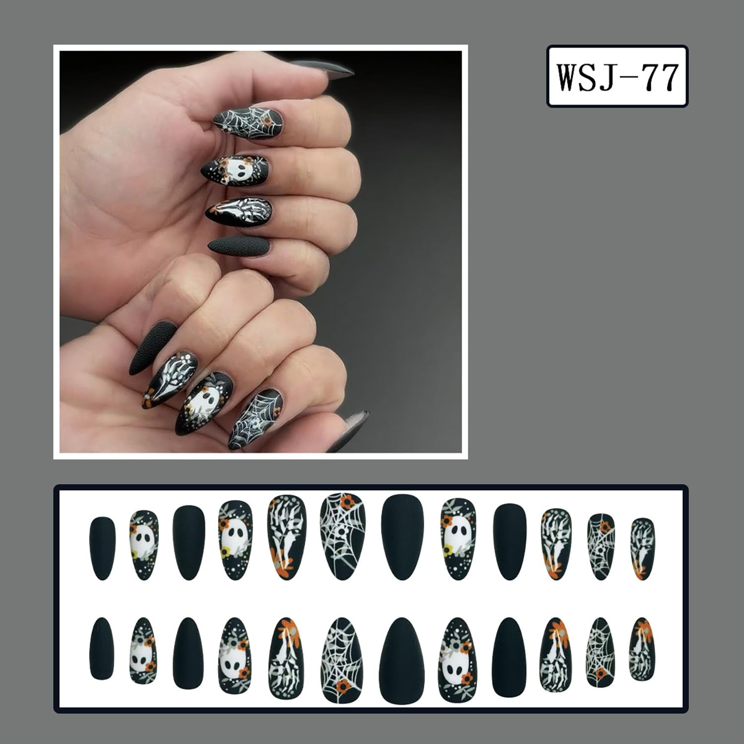Halloween Black Matte Press on Nails Medium Almond Fake Nails with ...