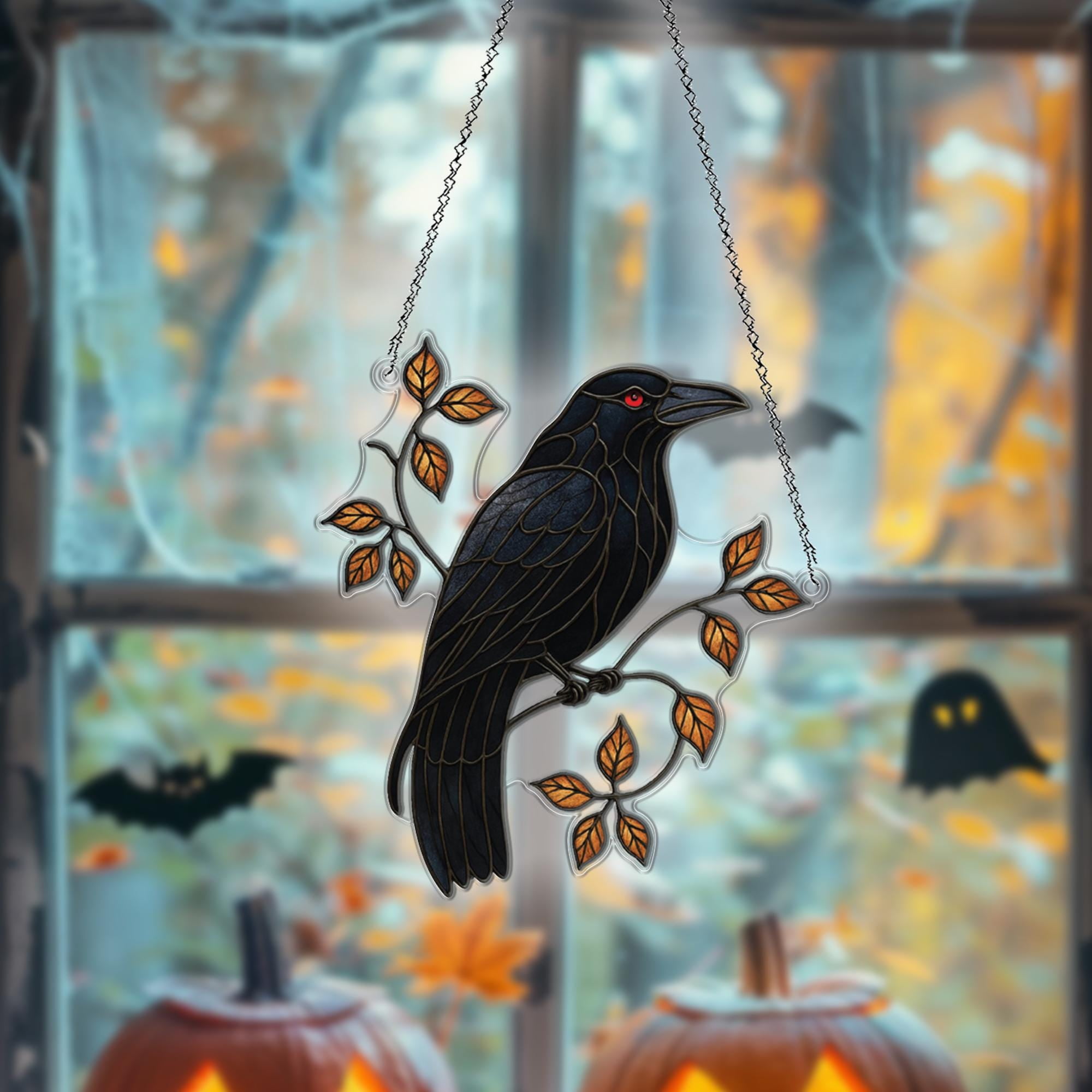 Halloween Black Raven on Branch Stained Glass ACRYLIC Suncatcher ...