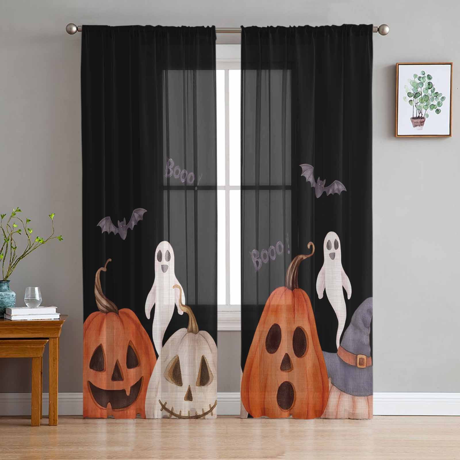 Halloween Black Sheer Curtains 63 Inches Length 2 Panels Set, Window ...