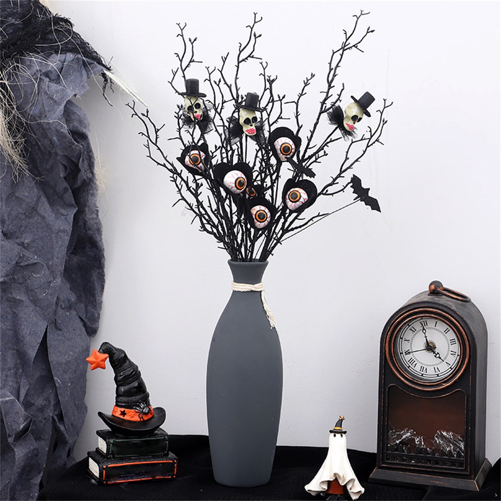 Halloween Black Twig Branch with Skull, Eyeballs, and Bat for Spooky ...