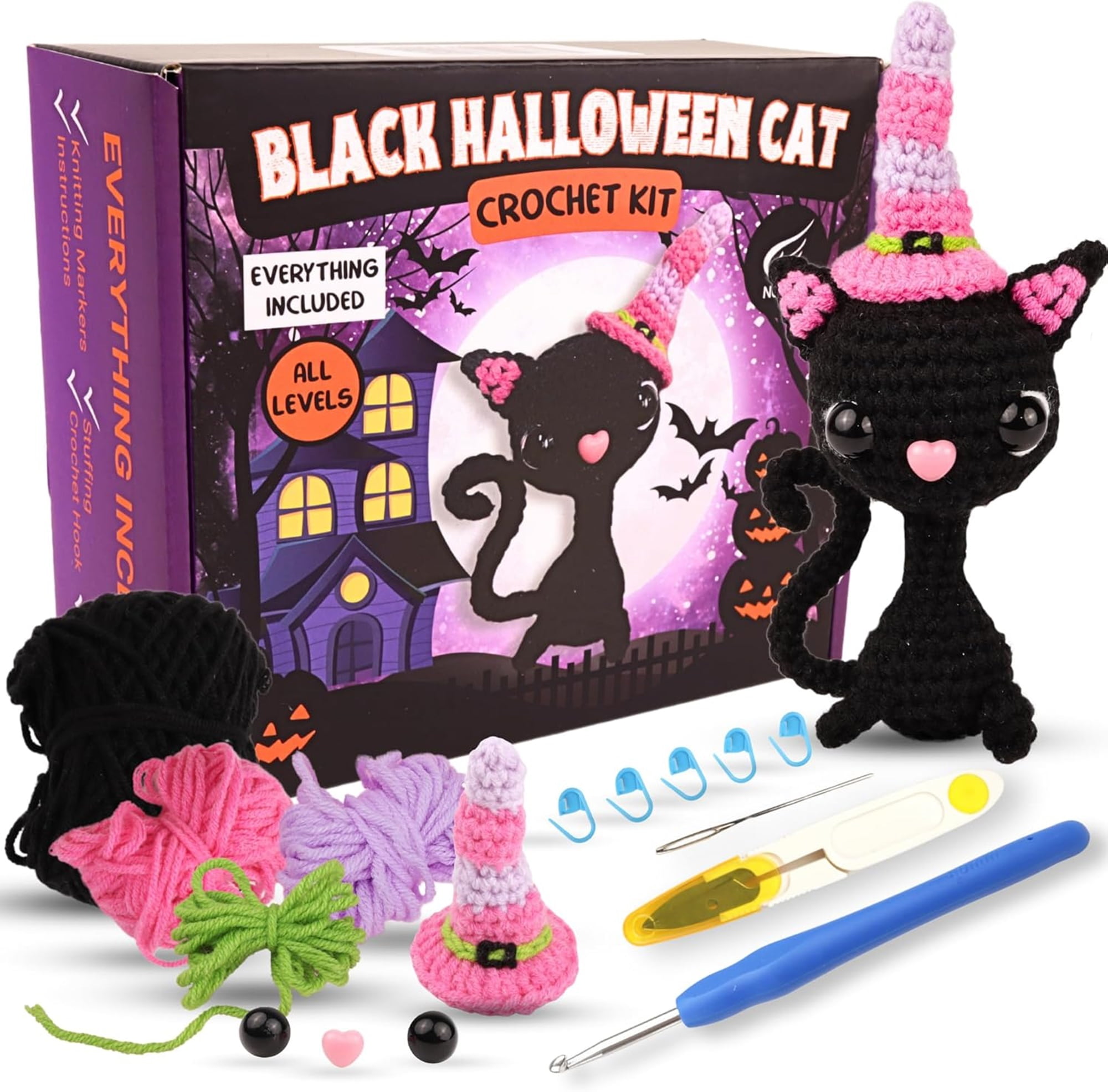 Halloween Black Witch Cat Crochet Kit for Beginners, DIY Knitting ...