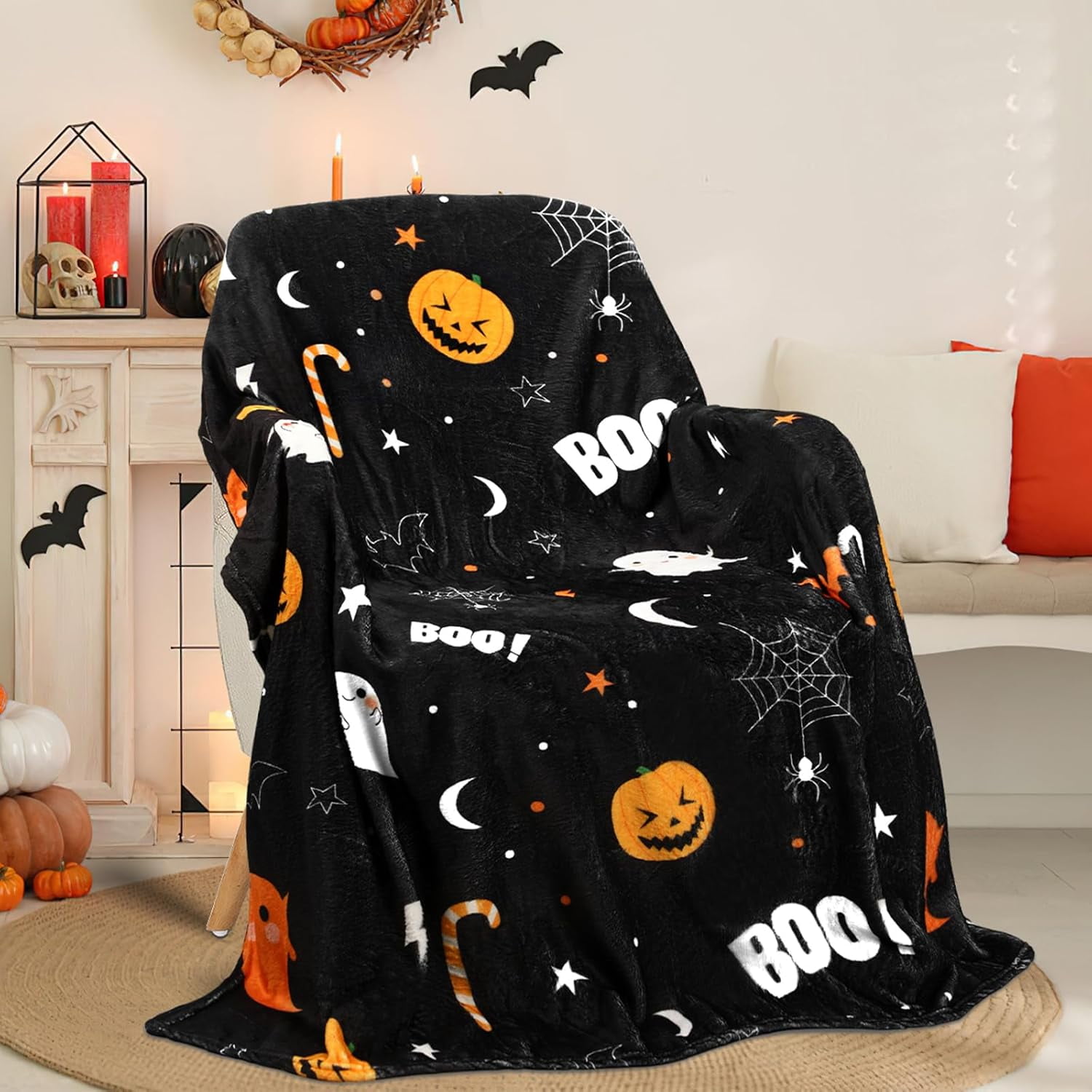 Halloween Blanket Black Throw Pumpkin Funny Ghost Spooky Spider Bats ...