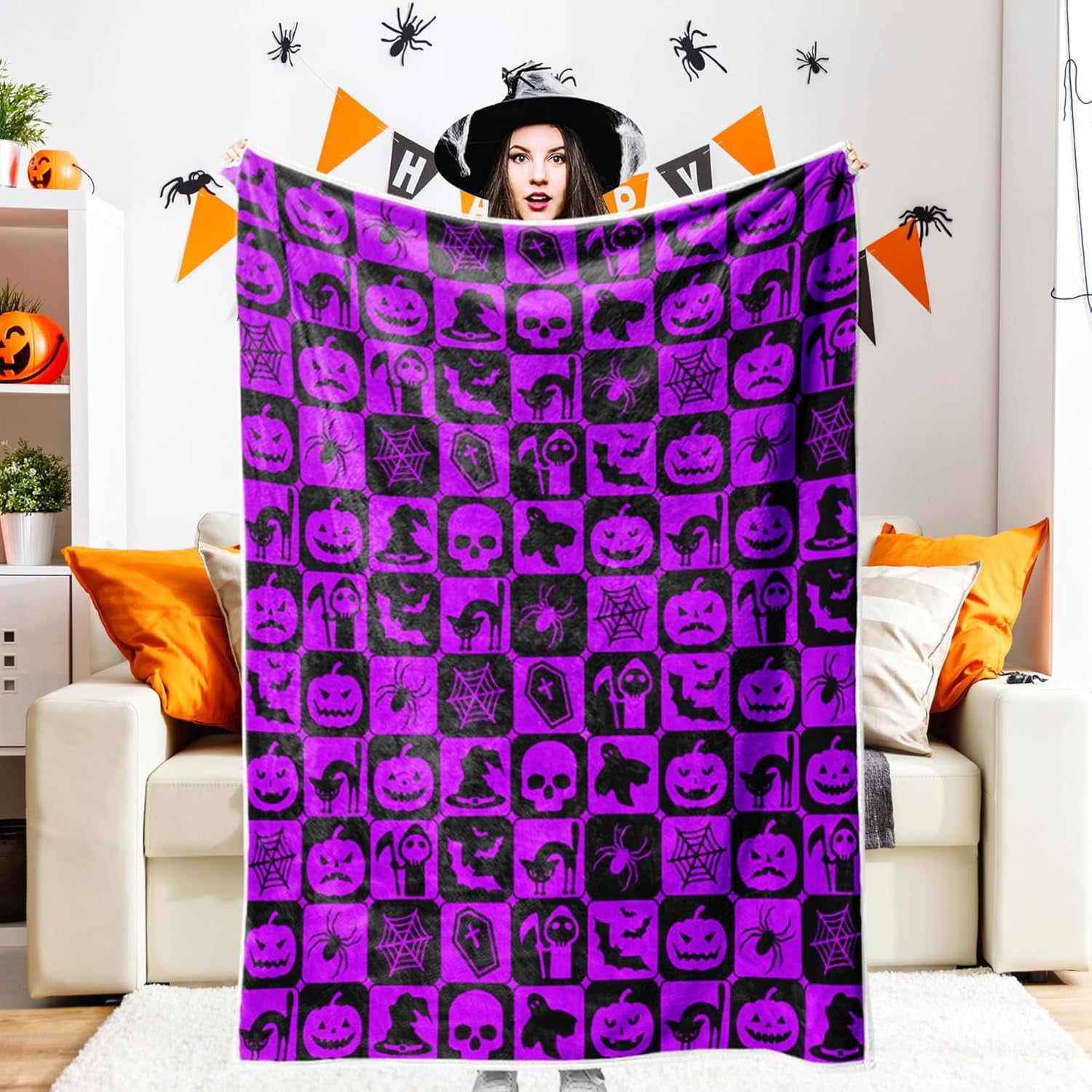 Halloween Blanket, Orange Checkered Plaid Pumpkin Black Bat Ghost Skull ...
