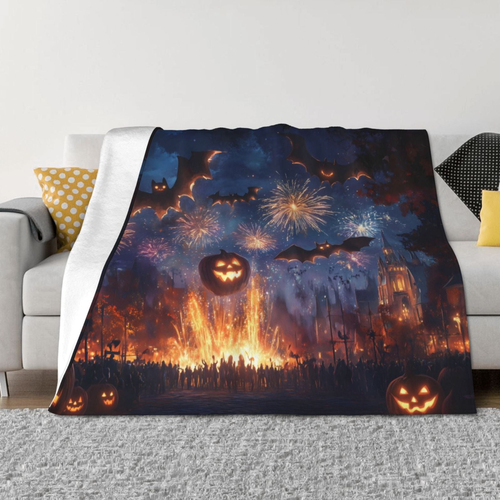 Halloween Blanket, Halloween Pumpkin Bat Glow (2) Comfy Fuzzy Warm ...