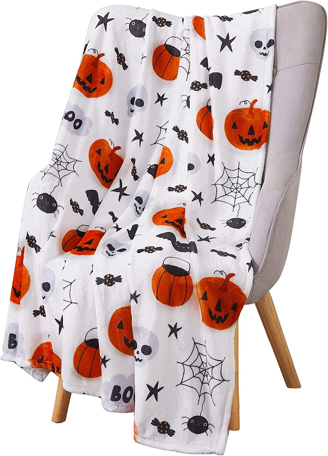 Halloween Blanket Throw: Fuzzy Boo! Jack O'Lantern Spider Webs Skull ...