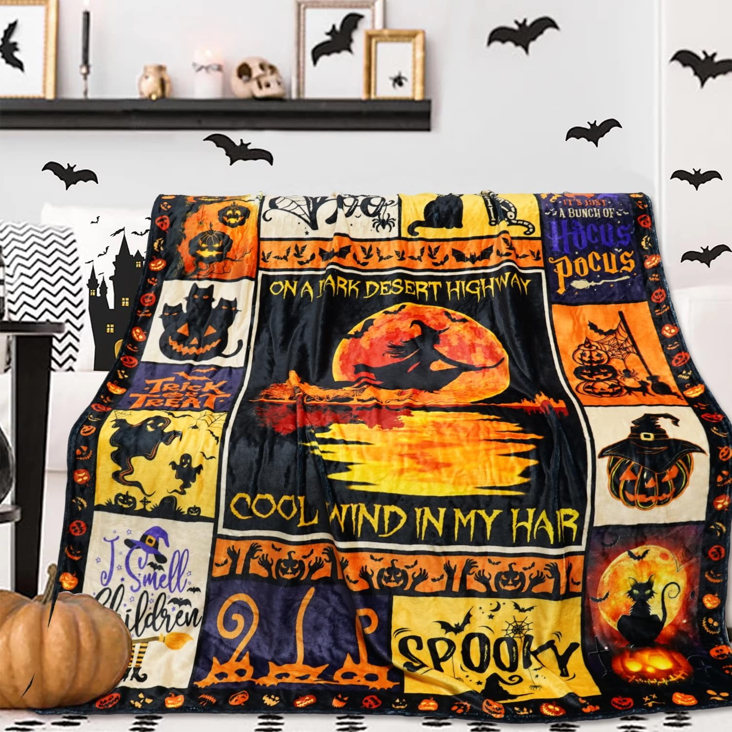 Halloween Blankets and Throws Witch Pumpkin Cat Halloween Fleece Throw ...