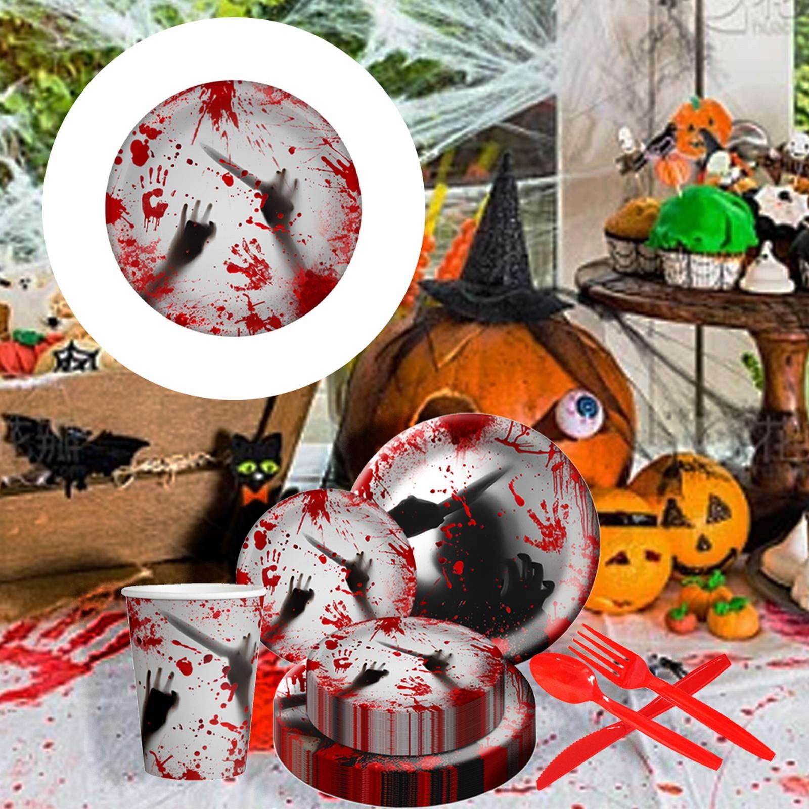 Halloween Blood Print Paper Plate and Cup Set - 10-Piece Themed Party ...