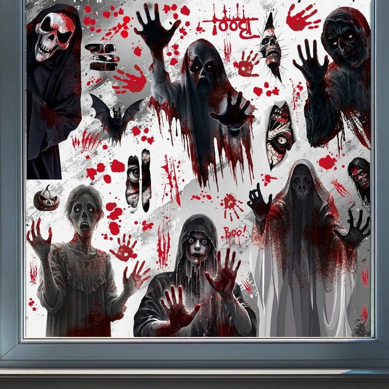 Halloween Bloody Window Clings Posters Bloody Handprint Sticker Party ...