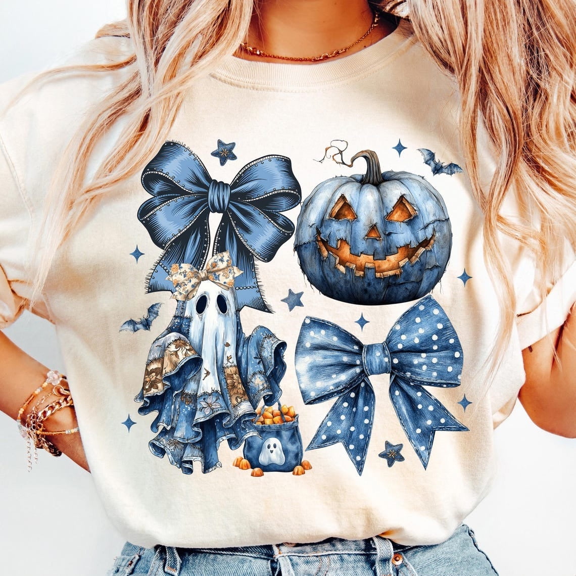 Halloween Blue Denim Ghost , Trendy Patchwork Spooky Ghost shirt, Retro ...