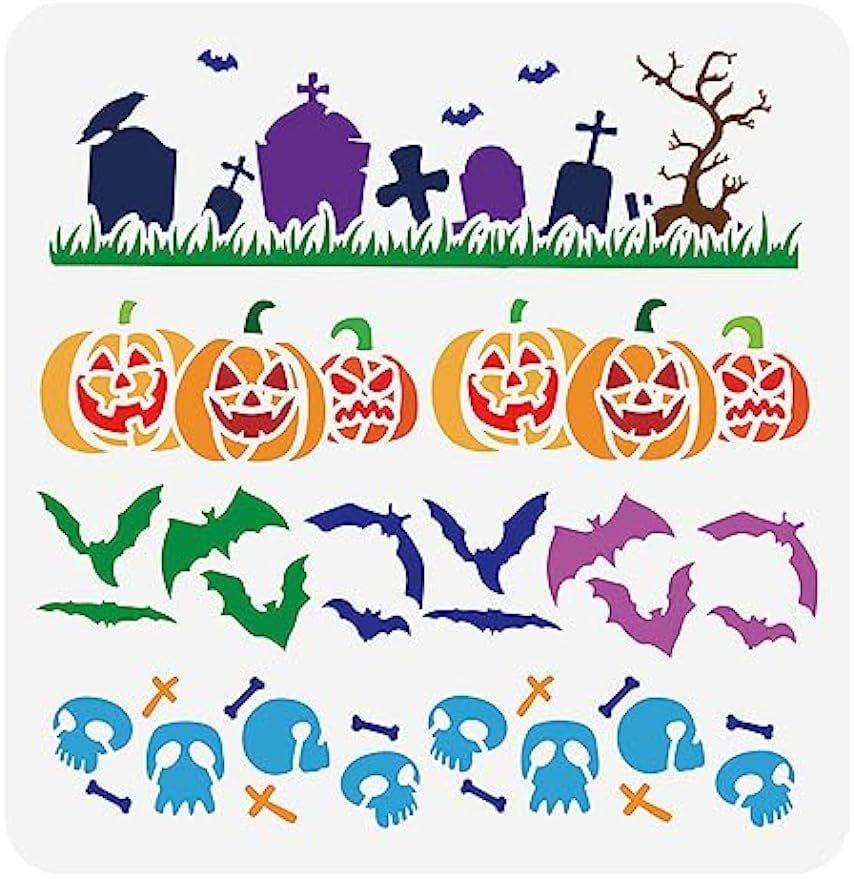 Halloween Border Stencil 11.8x11.8inch Pumpkins Bats Graveyard Skulls ...