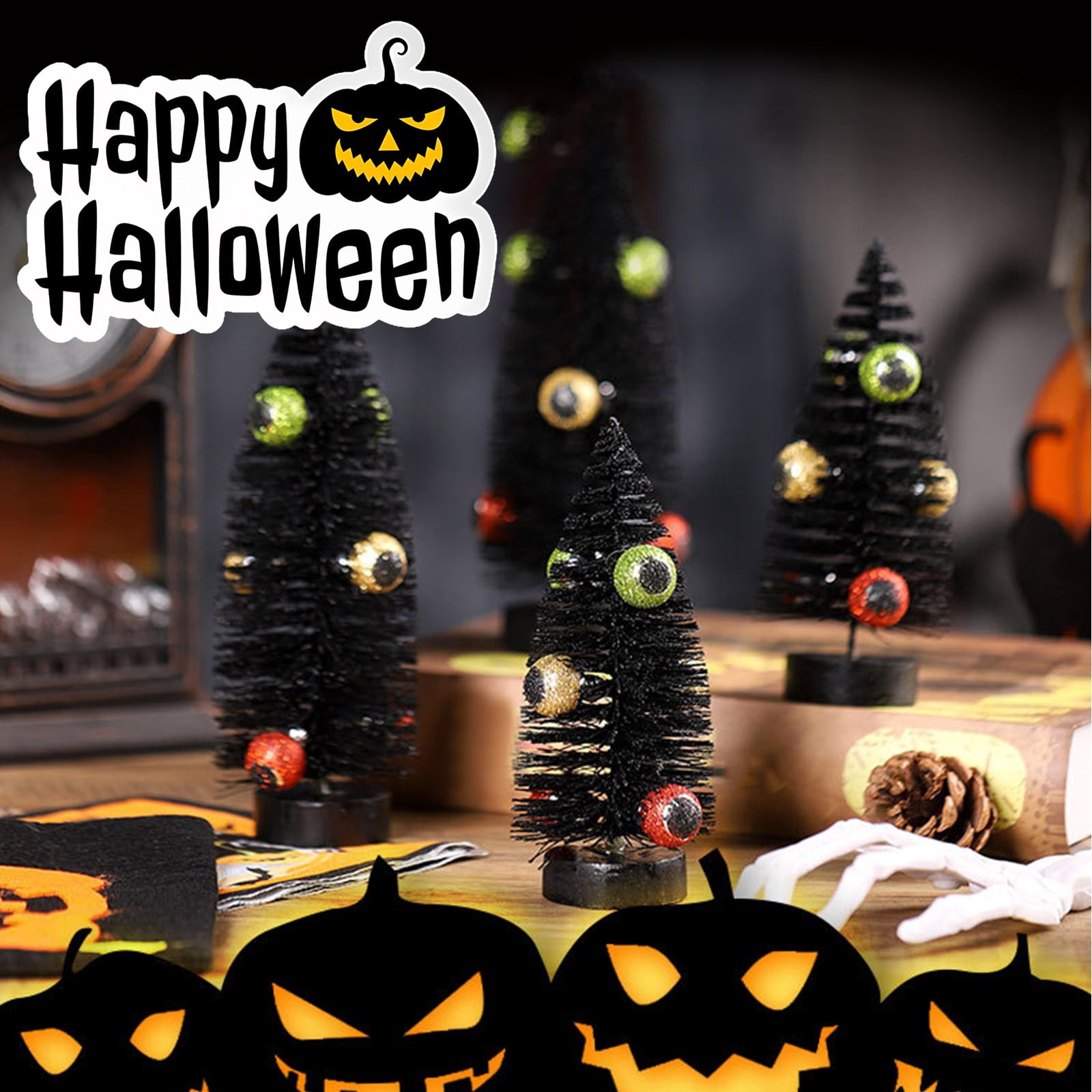 Halloween Bottle Brush Trees, Black Scary Halloween Eerie Eyeball ...
