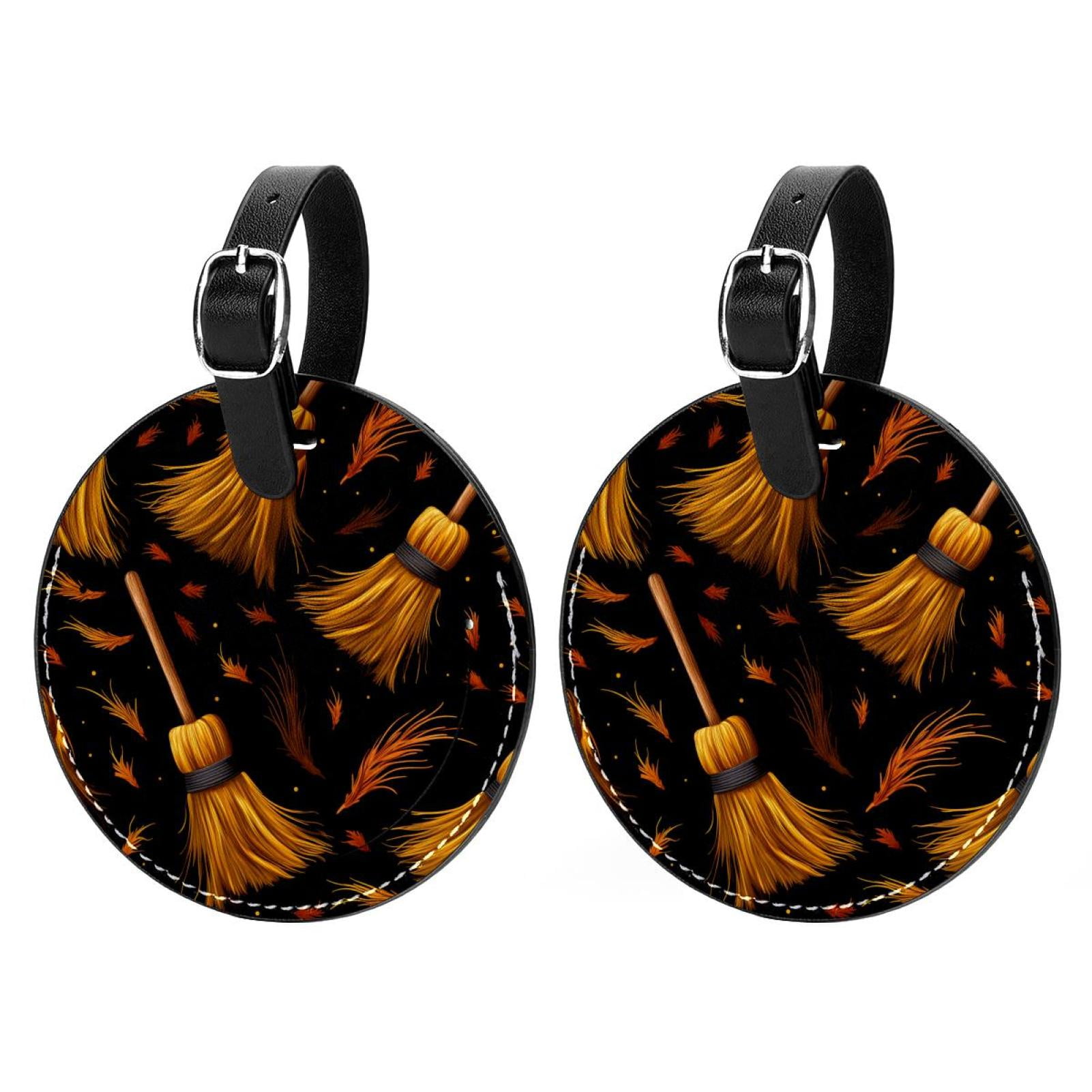 Halloween Broom 2Pcs PU Leather Round Luggage Tags with Privacy Cover ...