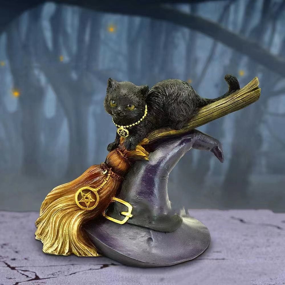Halloween Broom Black Cat Miniature Figurines, Witch Hats Halloween ...