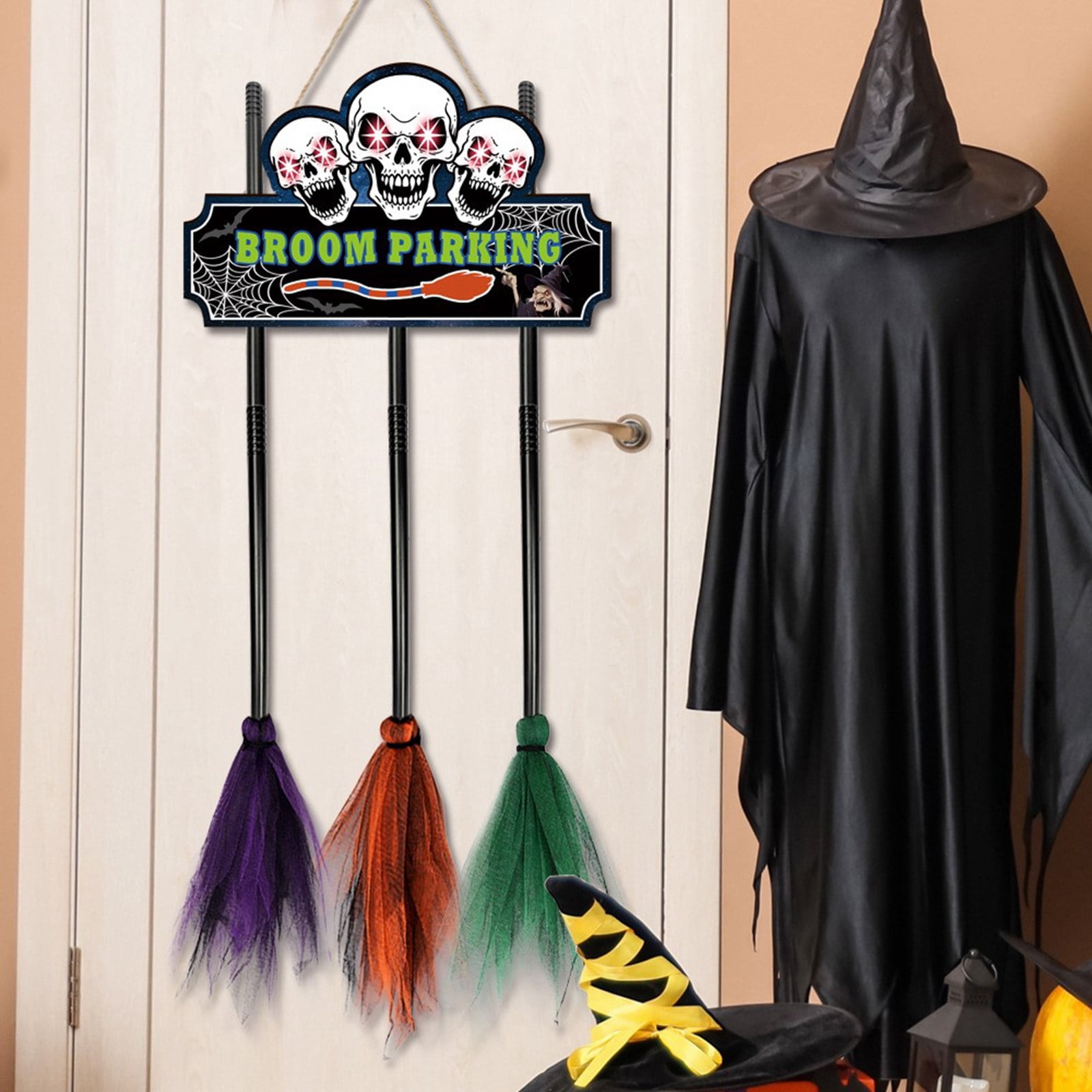Halloween Broom Parking Sign with 3 Hanging Witch Brooms Indoor Outdoor ...