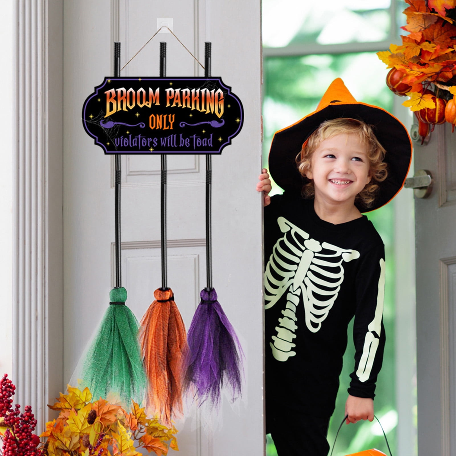Halloween Broom Parking Sign with 3 Wooden Witch Brooms Solid Wood ...