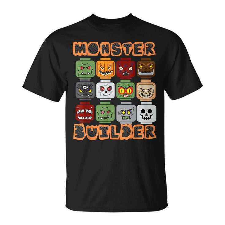 Halloween Building Bricks Monster Builder Brick Head T-Shirt – Spooky Construction Toy Graphic ...