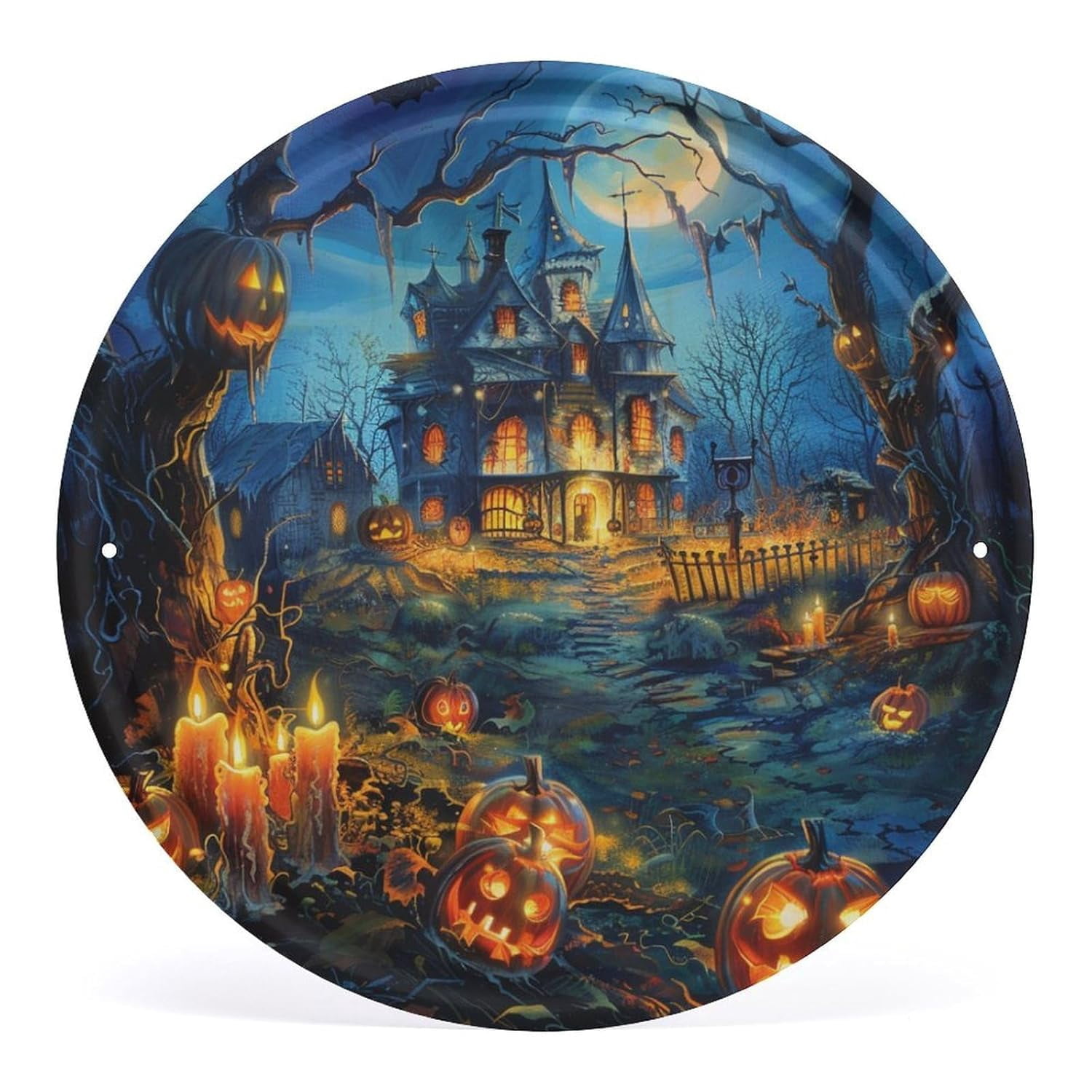 Halloween Candles Pumpkins And Haunted House Round Metal Tin Sign Happy ...